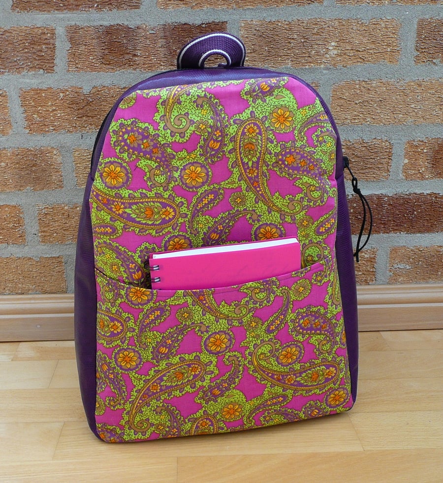 Purple vinyl backpack green pink purple paisley... - Folksy
