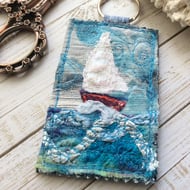 Up cycled seascape keyring with sail boat. - Folksy