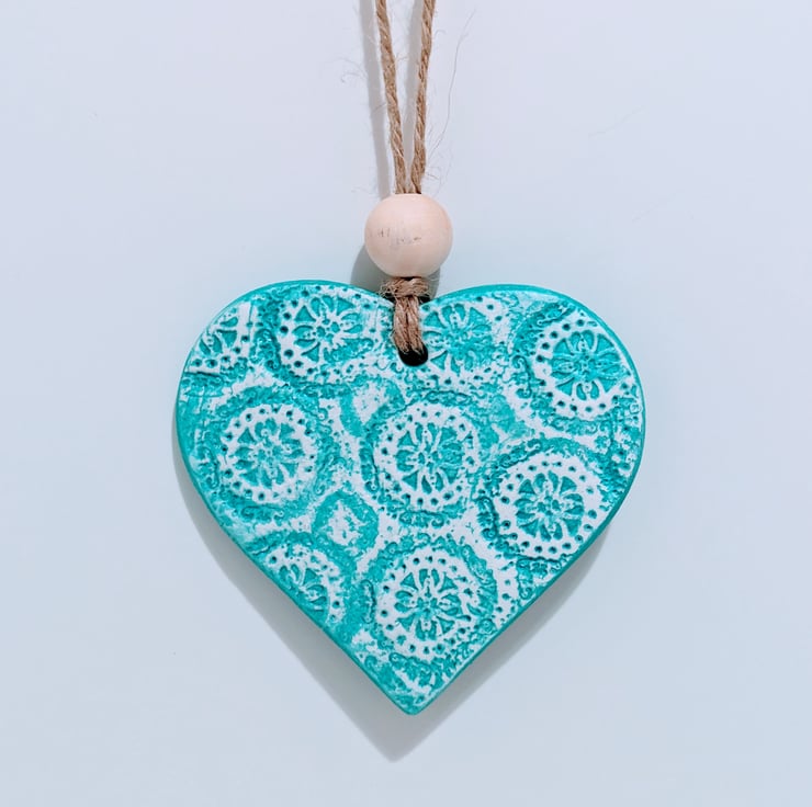 Clay heart hanging decoration, mint green, lett... - Folksy