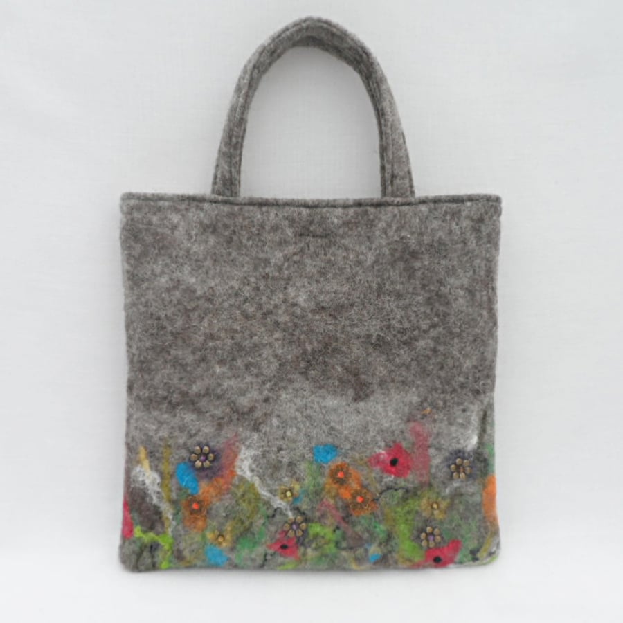 Felted Handbag, tote bag - grey floral - Folksy