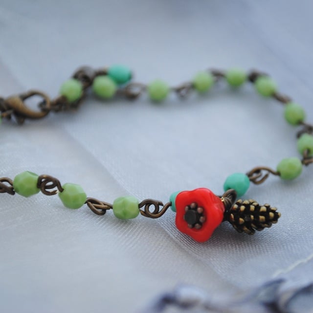Poppy flower charm bracelet, red, turquoise, green - Folksy
