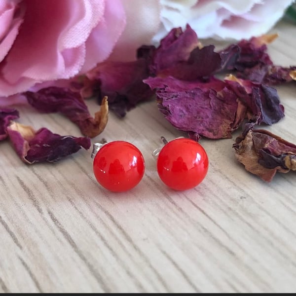 Bright red stud earrings, fused glass studs, st... - Folksy