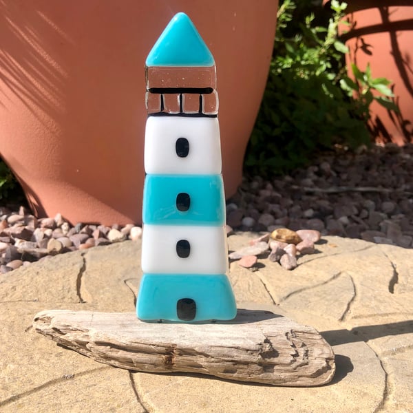 Fused glass lighthouse on driftwood nice decora... - Folksy