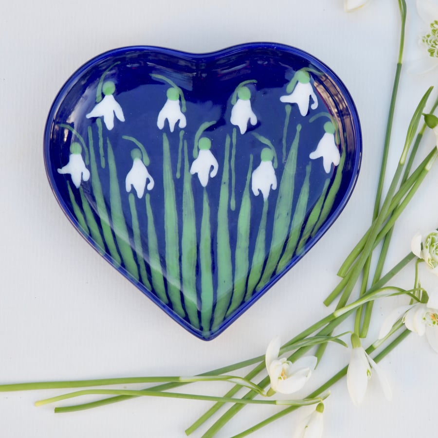Snowdrop Heart Dish - Hand Painted - SALE - Folksy