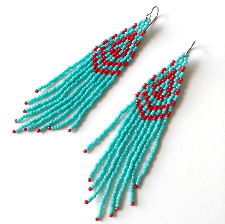 Long Fringe Beaded Earrings in Turquoise and Red - Folksy
