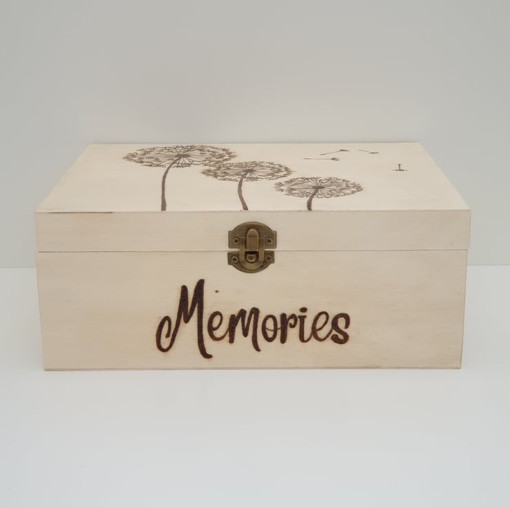 Wooden memory box with pyrography dandelion clo... - Folksy
