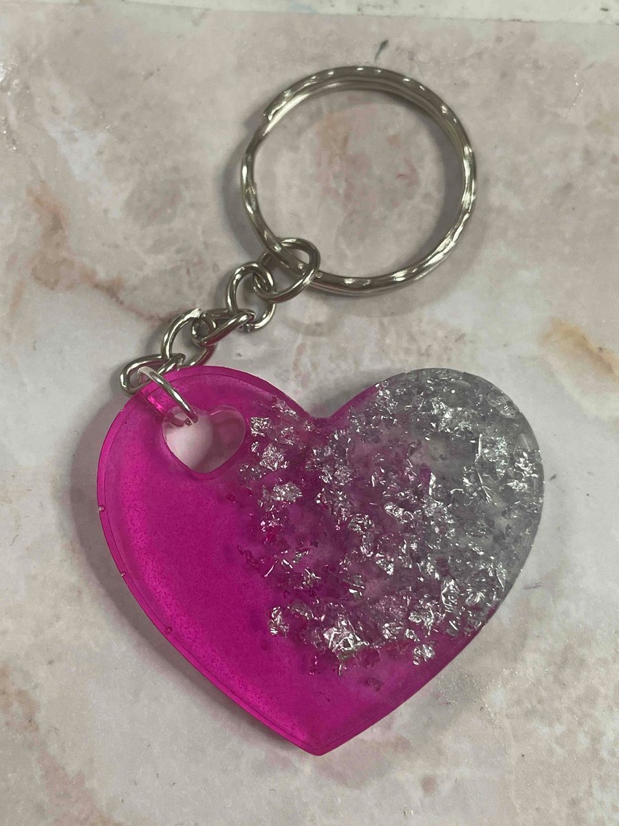 Handmade Resin Pink & Silver keyring - Folksy