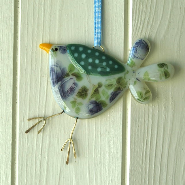 Rose Pattern Fused Glass Bird Decoration - Folksy
