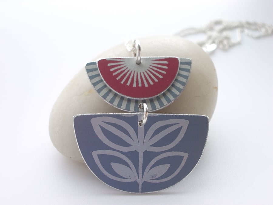 Dark red and grey folk art retro style flower p... - Folksy