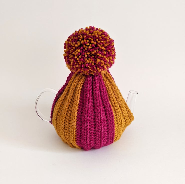 Teapot Tea Cosy - With pompom in Pink & Mus... - Folksy
