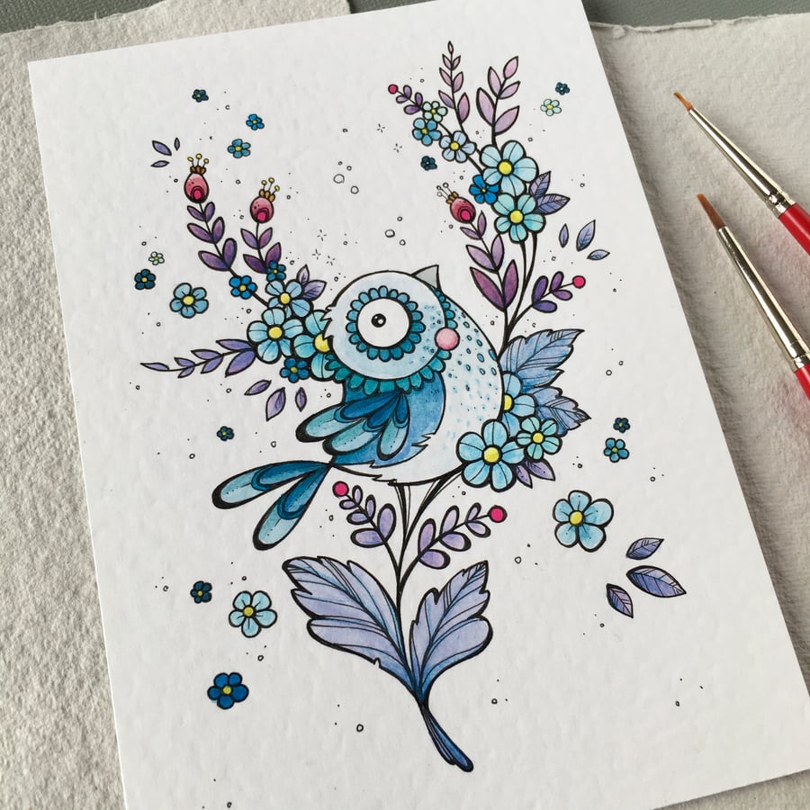 January blues bird - original illustration (A6) - Folksy