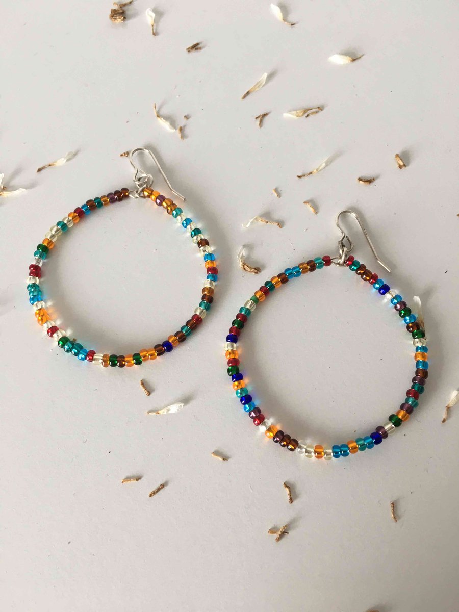 Multi coloured seed bead loop earrings - Folksy