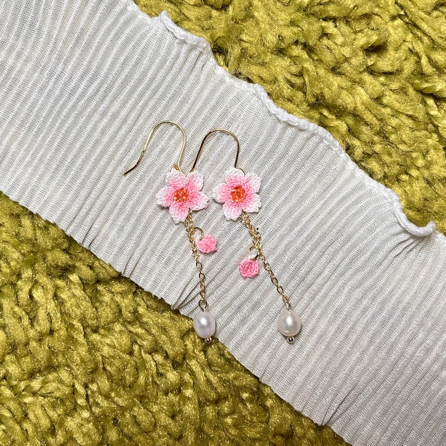 Cherry Blossom Whispers Micro Crochet Earrings - Folksy