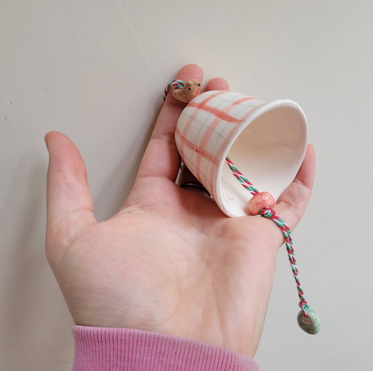 ceramic red gingham bell with small robin Handm... - Folksy