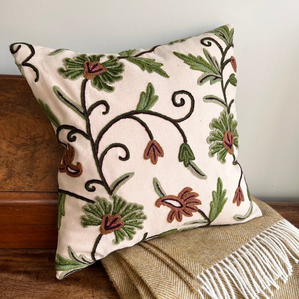 Crewel cushion cover with wool embroidery and g... - Folksy