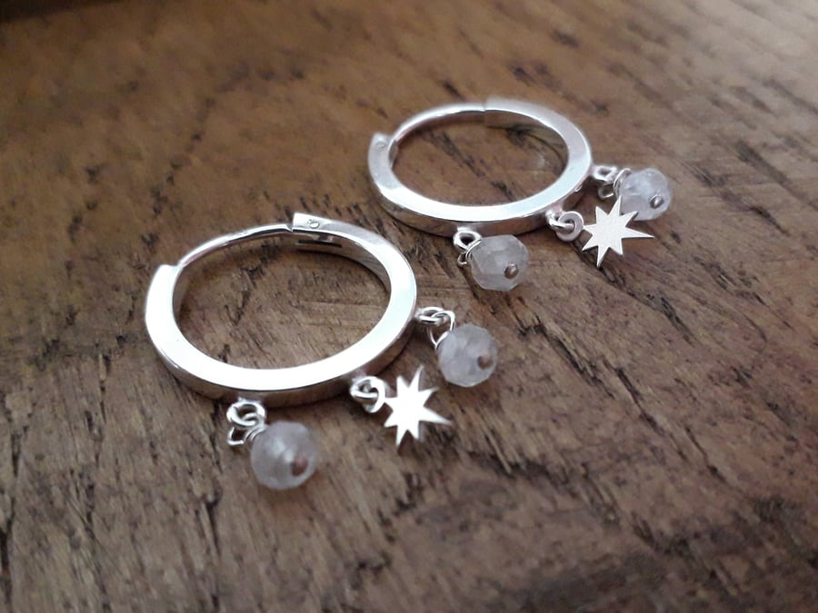 Silver Hoops - Stars, Moonstone, Celestial - Folksy