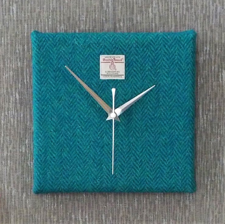 Harris Tweed square clock wool fabric teal turq... - Folksy
