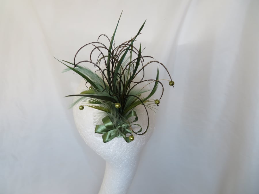 Olive Green Feather & Gold Feather Fascinator - Folksy