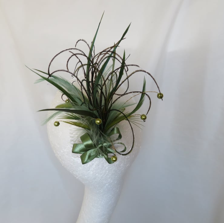 Olive Green Feather & Gold Feather Fascinator - Folksy