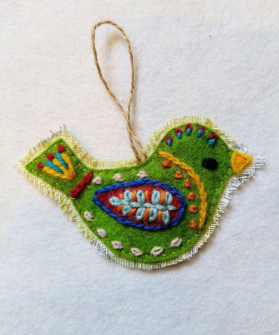 Hand embroidered folk bird hanging decoration - Folksy