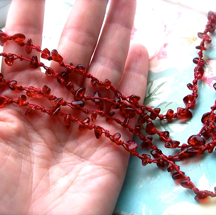 Long red necklace, Knotted bead necklace, Ruby ... - Folksy