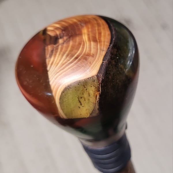 Resin and yew head hazel shaft walking stick - Folksy
