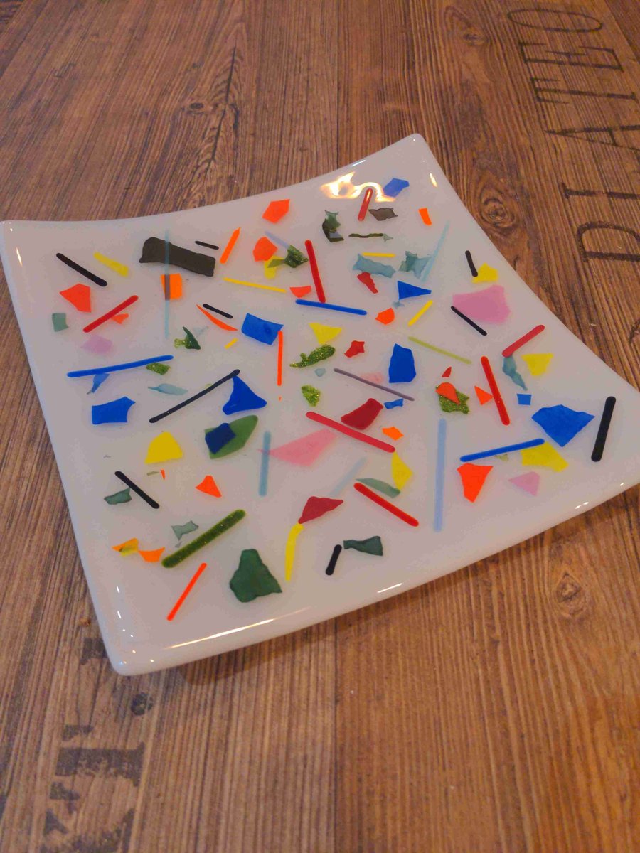 Fused Glass Plate 20cm square Multicoloured con... - Folksy