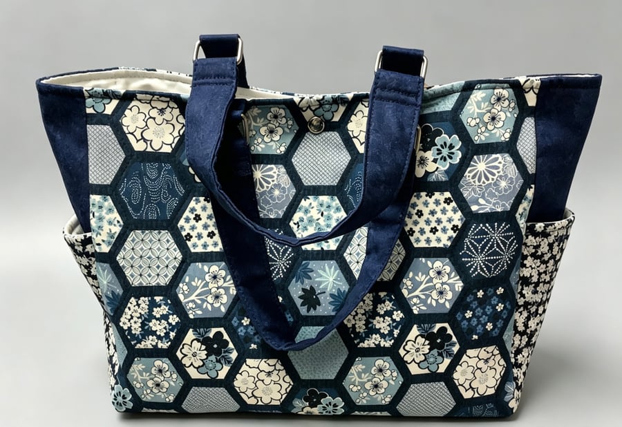 Spacious tote bag in Japanese style navy fabric - Folksy
