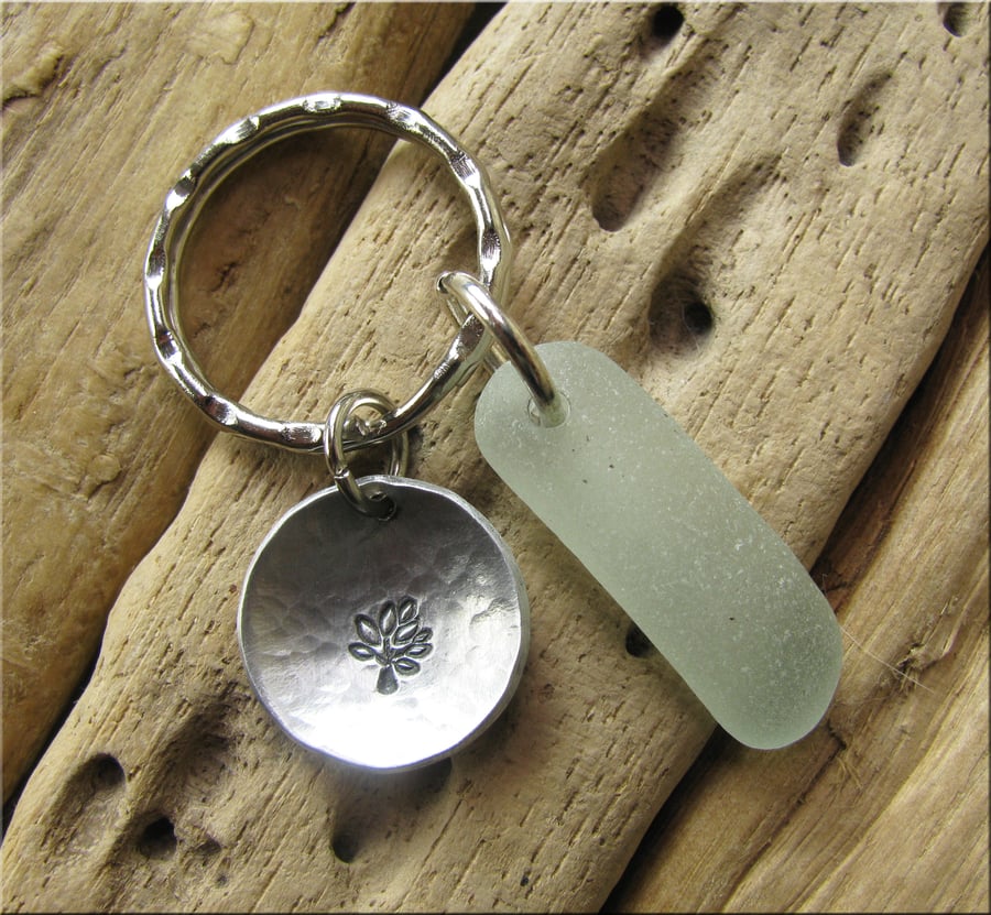 Natural sea glass, stamped keyring - Folksy