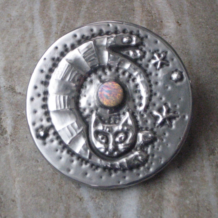 Leaping cat opal brooch in pewter - Folksy