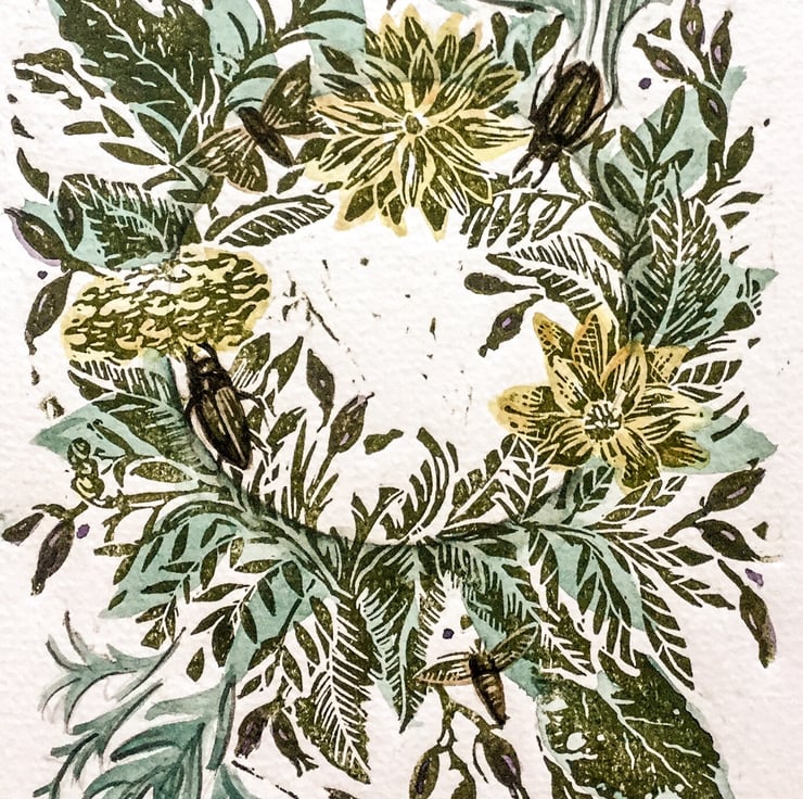 Linocut and watercolour floral wreath - Folksy