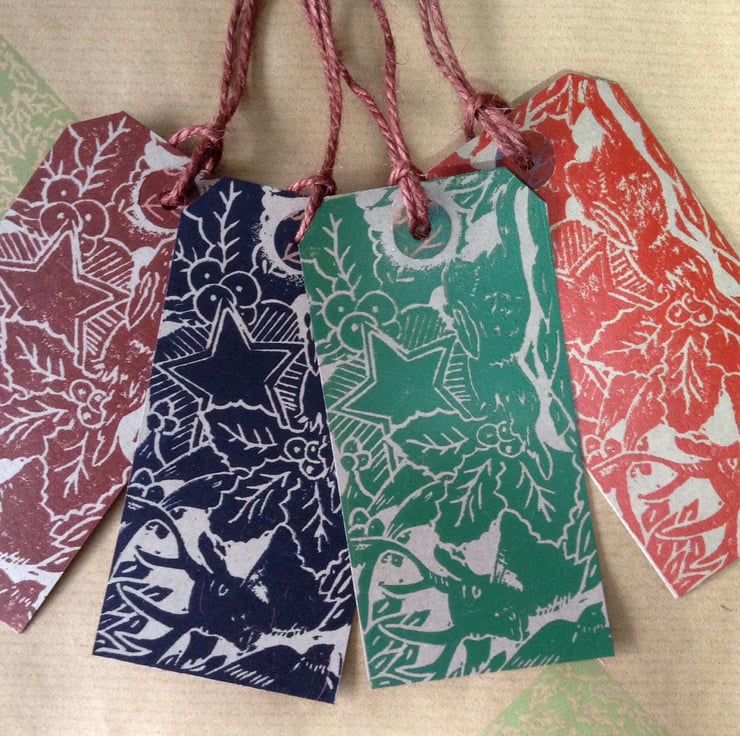 Set of Four Handprinted Stag and Hare Christmas... - Folksy