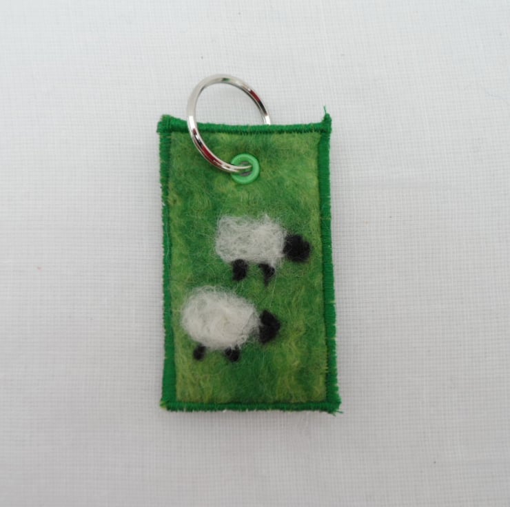 Felted key ring - green with sheep - Folksy