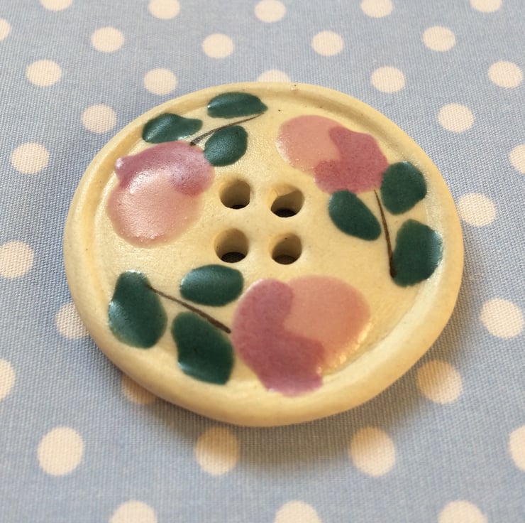 Large cream ceramic button with pink flowers - Folksy