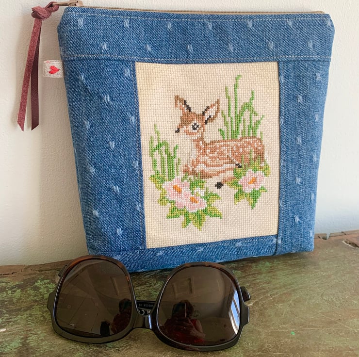 Deer Pouch Repurposed Cross Stitch and Denim - Folksy