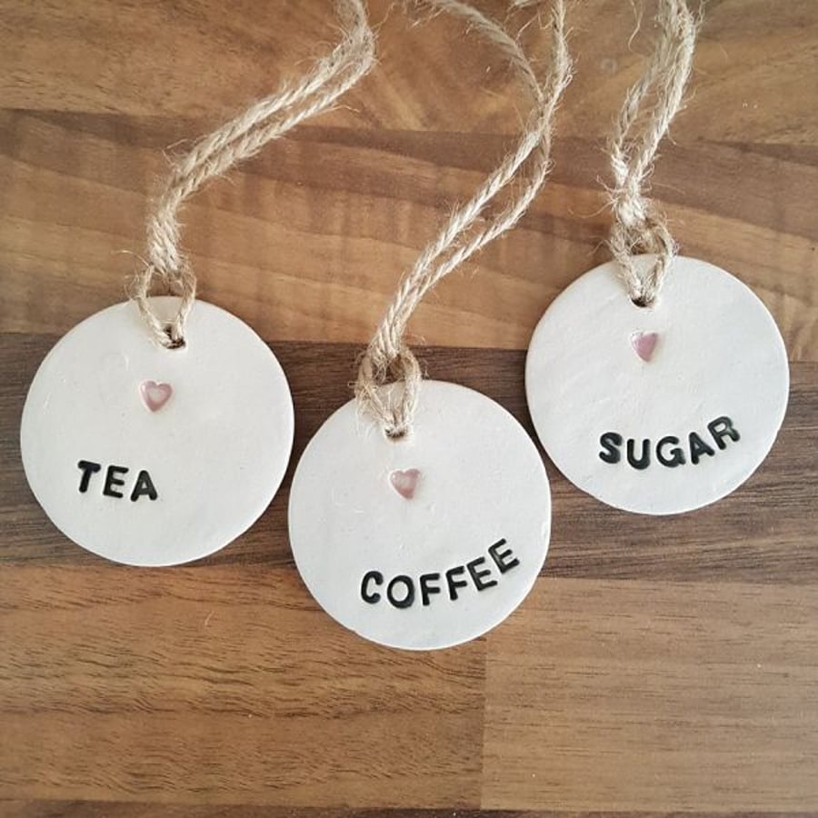 Tea, Coffee & Sugar Ceramic Tags set of 3 - Folksy