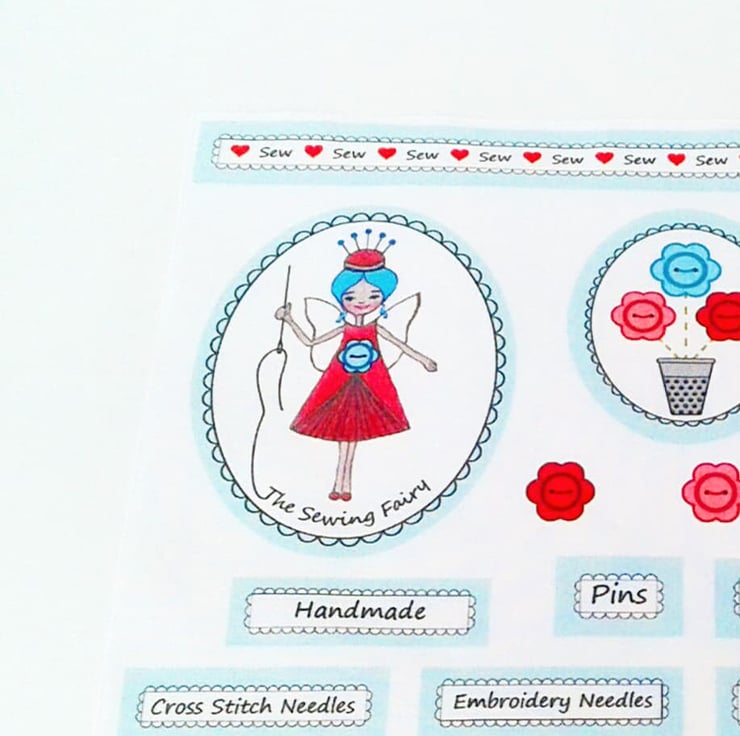 Red Sewing Fairy Fabric Panel with Needle Label... - Folksy