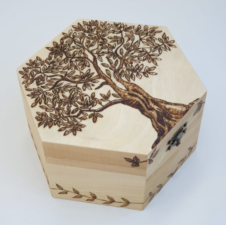 Wooden box with pyrography tree design, decorat... - Folksy