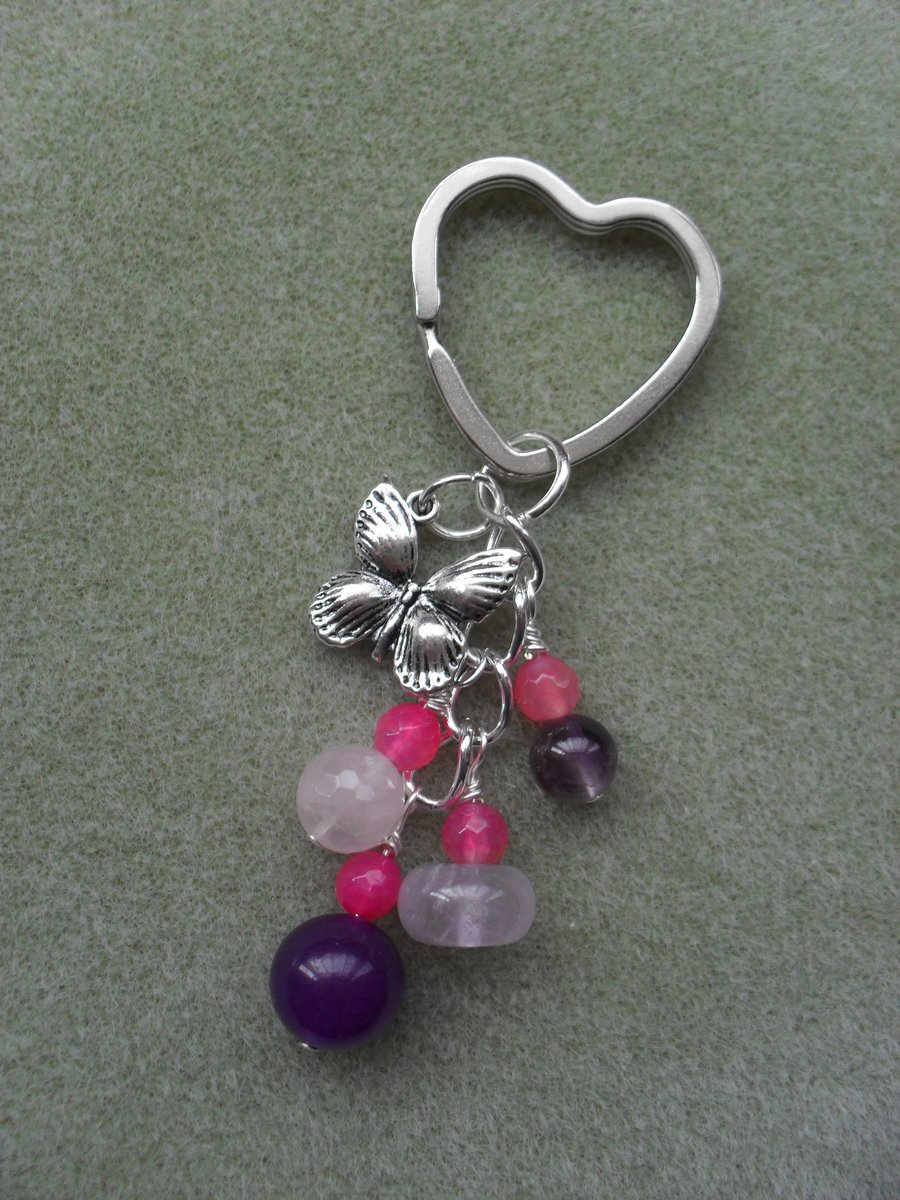 Semi Precious Gemstone and Butterfly Keyring - Folksy