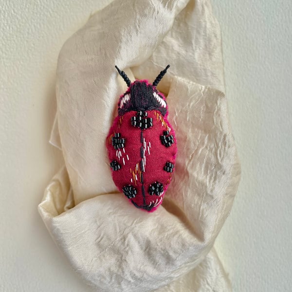 Ladybird brooch, Red silk felt embroidered inse... - Folksy