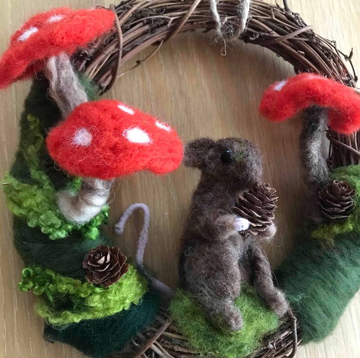 Mouse-toadstools-needle felted-wreath-rustic-wa... - Folksy