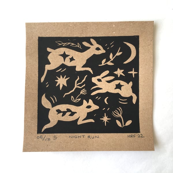Deer, Rabbit and Fox Lino Print, an original li... - Folksy