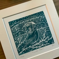 Winter Robin linocut print, an original, mounte... - Folksy