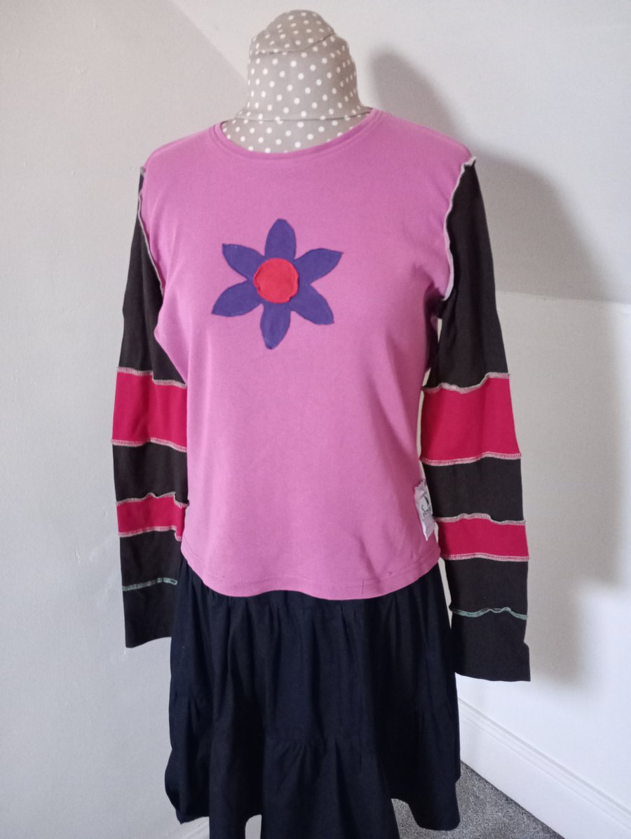 Patchwork top with long sleeves and flower appl... - Folksy