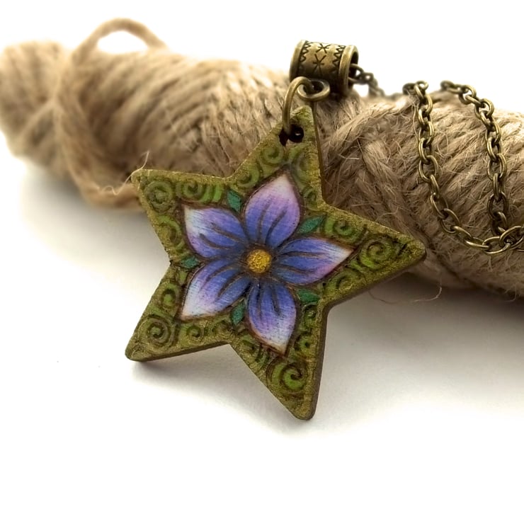 Purple Periwinkle Star, Pyrography with Colour ... - Folksy