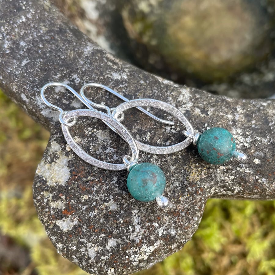 Sterling silver and chrysocolla dangly earrings - Folksy