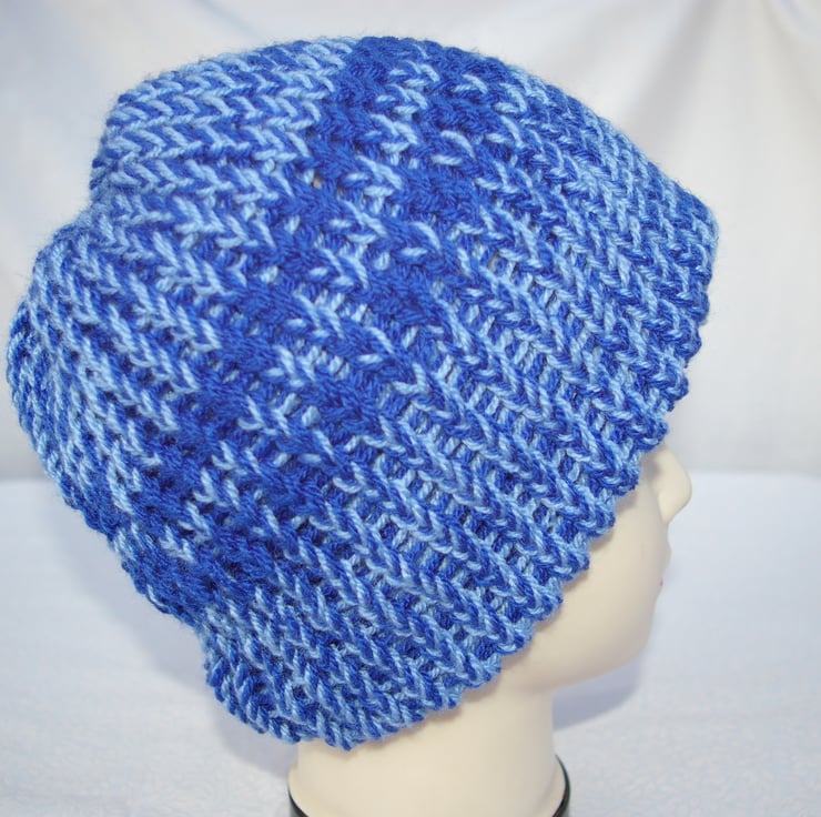 Large Blue Beanie Hat Knitted by Hand knitting ... - Folksy