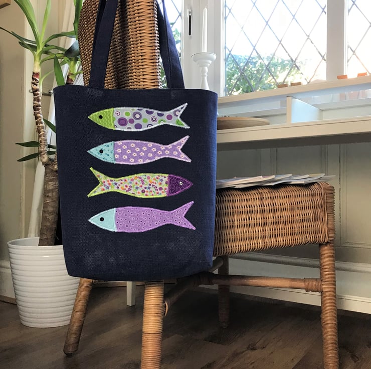 Fish tote bag in dark blue with four colourful ... - Folksy