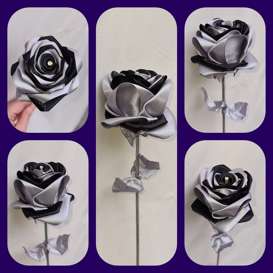 Gorgeous Handmade Black and Silver Ribbon Rose-... - Folksy