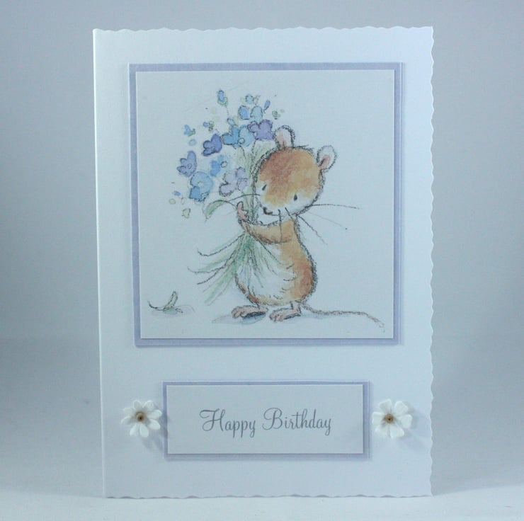 Cute birthday card - mouse with bouquet - Folksy